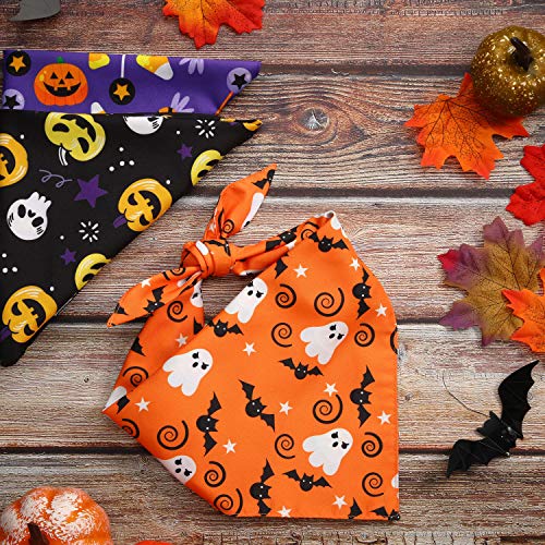 Weewooday 3 Pieces Halloween Dog Bandanas Reversible Dog Scarf Washable Triangle Pet Bibs Soft Pet Neckerchief Including Pumpkin Ghost Candy Bat Pattern