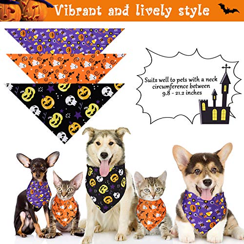 Weewooday 3 Pieces Halloween Dog Bandanas Reversible Dog Scarf Washable Triangle Pet Bibs Soft Pet Neckerchief Including Pumpkin Ghost Candy Bat Pattern