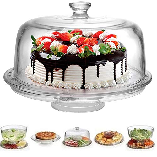 Extra Large (12") 6 in 1 Acrylic Cake Stand with Dome Lid Multifunctional Serving Platter and Cake Plate, Salad Bowl/Veggie Platter/Punch Bowl/Desert Platter/Chips & Dip - BPA Free