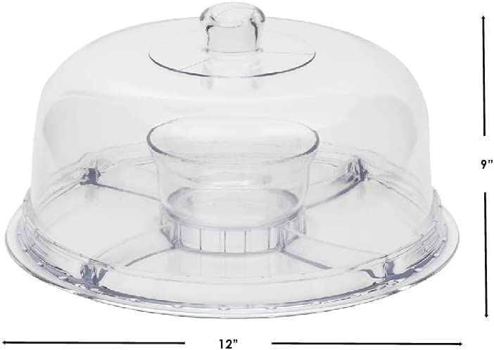 Extra Large (12") 6 in 1 Acrylic Cake Stand with Dome Lid Multifunctional Serving Platter and Cake Plate, Salad Bowl/Veggie Platter/Punch Bowl/Desert Platter/Chips & Dip - BPA Free