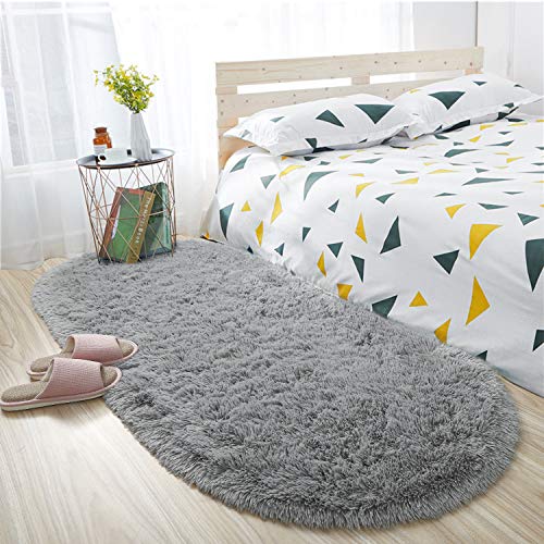 ISEAU Oval Fluffy Rug Carpets, Modern Plush Shaggy Area Rug for Kids Bedroom Extra Comfy Cute Nursery Rug Bedside Rug for Boys Girls Room Home Decor Mats, 2.6 x 5.3ft, Grey