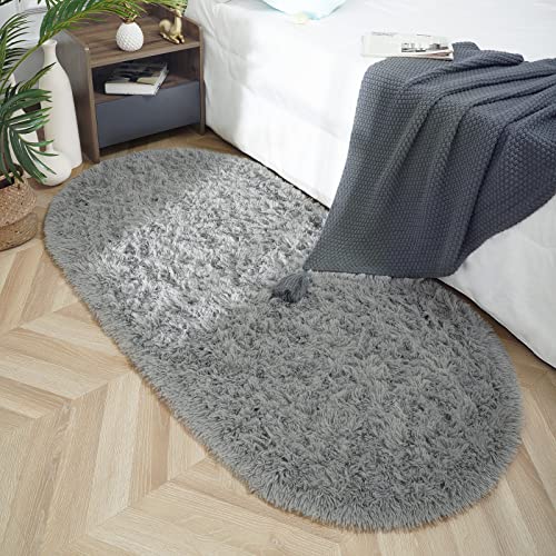 ISEAU Oval Fluffy Rug Carpets, Modern Plush Shaggy Area Rug for Kids Bedroom Extra Comfy Cute Nursery Rug Bedside Rug for Boys Girls Room Home Decor Mats, 2.6 x 5.3ft, Grey