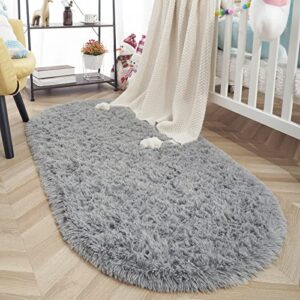 ISEAU Oval Fluffy Rug Carpets, Modern Plush Shaggy Area Rug for Kids Bedroom Extra Comfy Cute Nursery Rug Bedside Rug for Boys Girls Room Home Decor Mats, 2.6 x 5.3ft, Grey