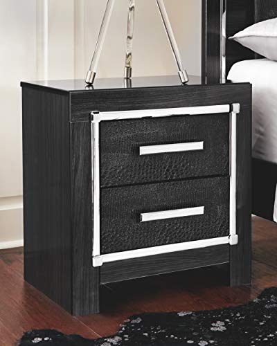 Signature Design by Ashley Kaydell Glam 2 Drawer Nightstand with Faux Alligator Panels & Chrome-Tone Accents, Black