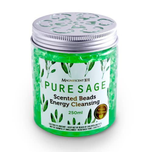 MAGNIFICENT 101 Pure Sage Scented Beads in 8.5-oz Lidded Jar; for House Energy Cleansing, Purification, Air Freshening & Odor Elimination; Great for Office, Yoga Studio or Apartment Housewarming Gift