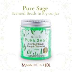 MAGNIFICENT 101 Pure Sage Scented Beads in 8.5-oz Lidded Jar; for House Energy Cleansing, Purification, Air Freshening & Odor Elimination; Great for Office, Yoga Studio or Apartment Housewarming Gift