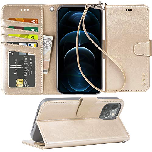 Arae for iPhone 12 Pro max Case with Credit Card Holder and Wrist Strap (Champagne Gold)