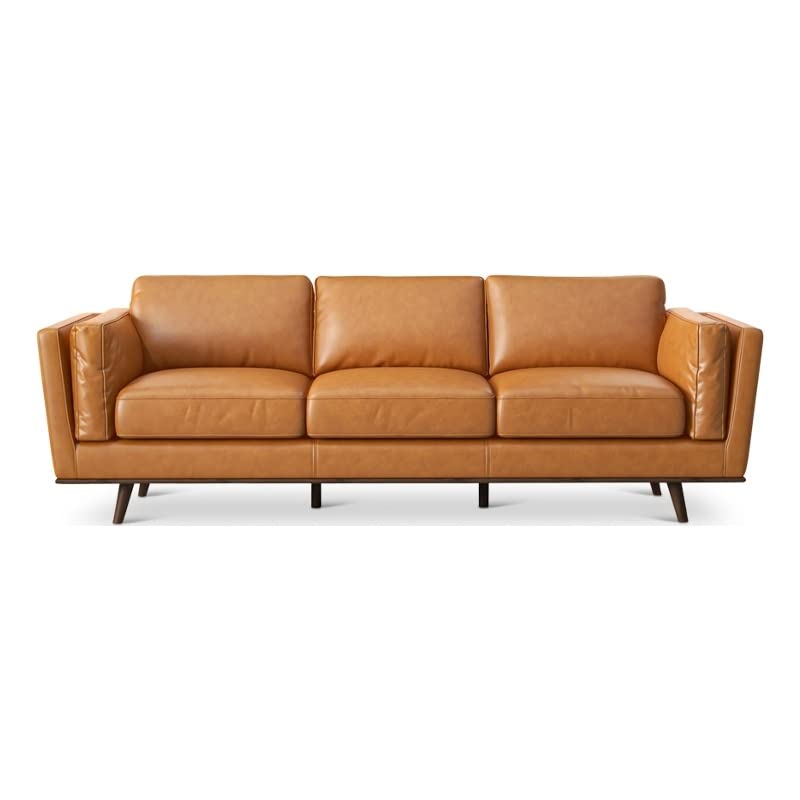 Pemberly Row Mid Century Modern 89" Genuine Cognac Tan Pure Italian Leather Sofa Couches for Living Room