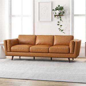 Pemberly Row Mid Century Modern 89" Genuine Cognac Tan Pure Italian Leather Sofa Couches for Living Room