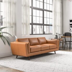 Pemberly Row Mid Century Modern 89" Genuine Cognac Tan Pure Italian Leather Sofa Couches for Living Room