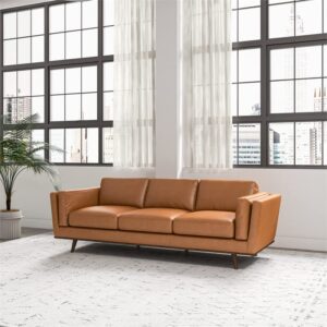 Pemberly Row Mid Century Modern 89" Genuine Cognac Tan Pure Italian Leather Sofa Couches for Living Room