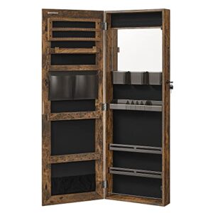 songmics jewelry cabinet armoire, wall/door mount storage organizer with full-length mirror, lockable cabinet with built-in small mirror, shelves, gift idea, rustic brown ujjc003x01