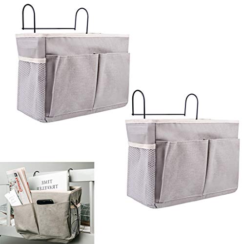 KonHaovF 2Pack Bedside Organizer Caddy Hanging with Hook, Bed Storage Pocket for Dorm Kids Room Top Bunk Bed Loft Bed, Bedside Storage for Phone Remote Control Laptop Books (Grey)