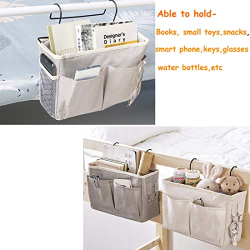 KonHaovF 2Pack Bedside Organizer Caddy Hanging with Hook, Bed Storage Pocket for Dorm Kids Room Top Bunk Bed Loft Bed, Bedside Storage for Phone Remote Control Laptop Books (Grey)