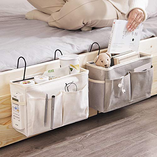 KonHaovF 2Pack Bedside Organizer Caddy Hanging with Hook, Bed Storage Pocket for Dorm Kids Room Top Bunk Bed Loft Bed, Bedside Storage for Phone Remote Control Laptop Books (Grey)