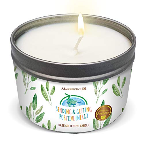 Magnificent 101 Long Lasting Sage Scented Collective Smudge Candle | 6 Oz - 35 Hour Burn | All Natural & Organic Candle for House Energy Cleansing & Manifestation | Sending & Getting Positive Energy