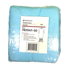 Dealmed Blue Isolation Gown – 10 Count of Disposable Medical Gowns, Blue Latex-Free, Perfect for Hospitals, Medical Facilities, and Physicians’ Offices (Pack of 10)