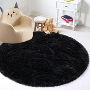 iseau fluffy round rug carpets, modern shaggy circle rug for kids bedroom extra comfy cute nursery rug small circular carpet for boys girls room home decor area rug, 4ft rugs, black