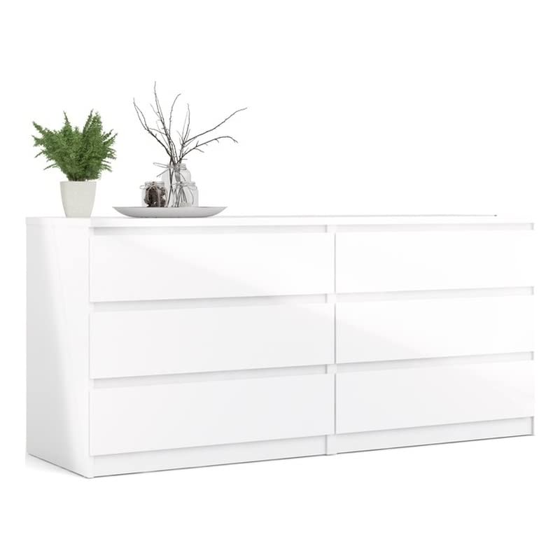 Pemberly Row Modern Contemporary 6 Drawer Wide Double Bedroom Dresser in White High Gloss