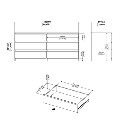 Pemberly Row Modern Contemporary 6 Drawer Wide Double Bedroom Dresser in White High Gloss