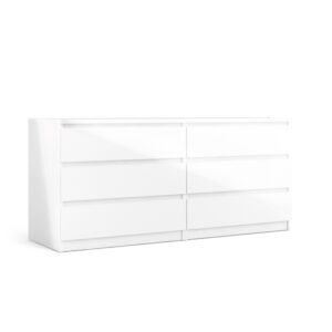 Pemberly Row Modern Contemporary 6 Drawer Wide Double Bedroom Dresser in White High Gloss