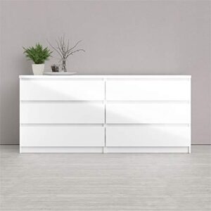 Pemberly Row Modern Contemporary 6 Drawer Wide Double Bedroom Dresser in White High Gloss