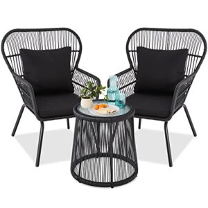 best choice products 3-piece patio conversation bistro set, outdoor all-weather wicker furniture for porch, backyard w/ 2 wide ergonomic chairs, cushions, glass top side table - black