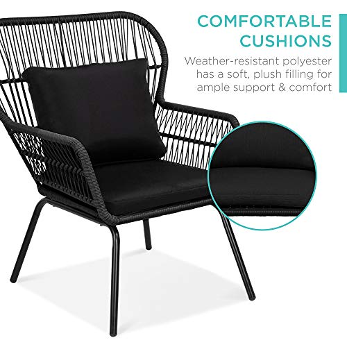 Best Choice Products 3-Piece Patio Conversation Bistro Set, Outdoor All-Weather Wicker Furniture for Porch, Backyard w/ 2 Wide Ergonomic Chairs, Cushions, Glass Top Side Table - Black