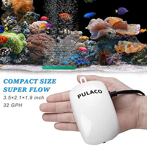 PULACO Ultra Quiet Mini Aquarium Fish Tank Air Pump for 1-20 Gallon Fish Bowl with Air Tube Air Bubbler Stone Check Valve