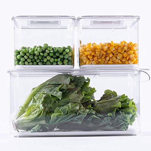 blitzlabs Fridge Food Storage Bin Containers Keeper Produce Saver, Stackable Organizer Bins Baskets with Lids and Removable Drain Tray for Veggie, Berry, Fruits and Vegetables, Set of 3