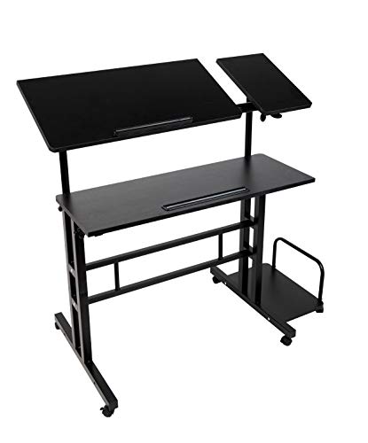 Mind Reader Woodland Collection, Mobile Sit/Stand Laptop Desk with Side Storag Adjustable, Tiltable, Lockable Casters, Portable, X-Large, Black