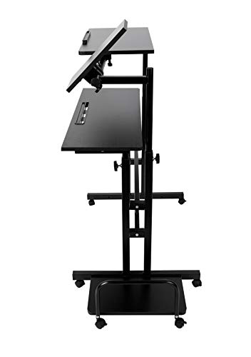 Mind Reader Woodland Collection, Mobile Sit/Stand Laptop Desk with Side Storag Adjustable, Tiltable, Lockable Casters, Portable, X-Large, Black