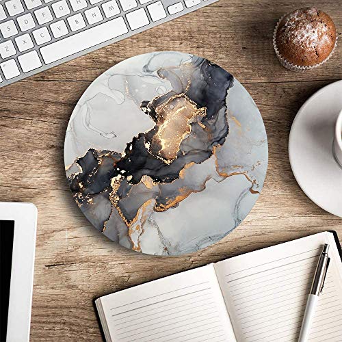 Black White Gold Marble Round Mouse Pad,Beautiful Mouse Mat, Cute Mouse Pad with Design, Non-Slip Rubber Base Mousepad, Waterproof Office Mouse Pad, Small Size 7.9 x 0.12 Inch