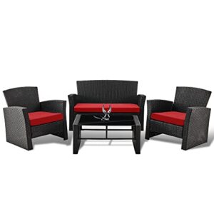 leasbar outdoor patio furniture set 4 pieces outdoor patio conversation set all-weather pe rattan wicker sectional conversation sofa with coffee table for porch deck(red)