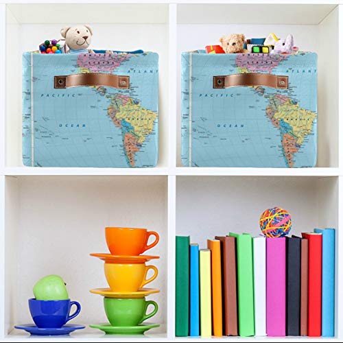 AUUXVA Globe World Map Storage Basket Collapsible Cloth Storage Cube Basket Bins Organizer with Handles Rectangular Large Toys Shelf Closet for Nursery Bedroom Home Office