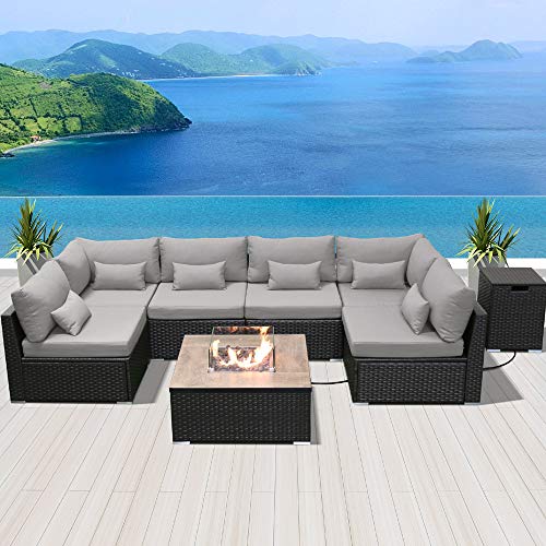 Sunpeak Fire Table Set Sectional Outdoor Furniture Propane Firepit Dark Brown Rattan Multi Colors Outdoor Sofa Set (a Light Gray Square Table)