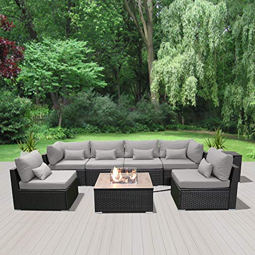 Sunpeak Fire Table Set Sectional Outdoor Furniture Propane Firepit Dark Brown Rattan Multi Colors Outdoor Sofa Set (a Light Gray Square Table)