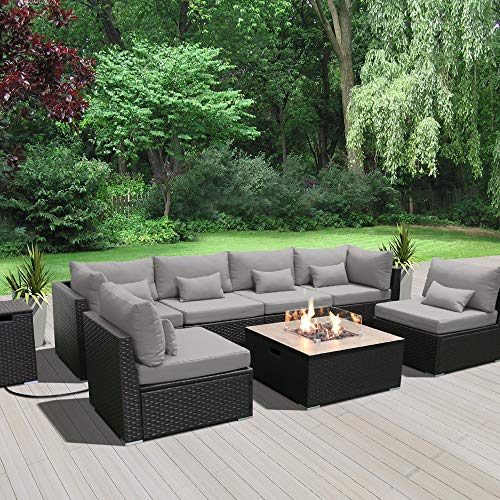 Sunpeak Fire Table Set Sectional Outdoor Furniture Propane Firepit Dark Brown Rattan Multi Colors Outdoor Sofa Set (a Light Gray Square Table)