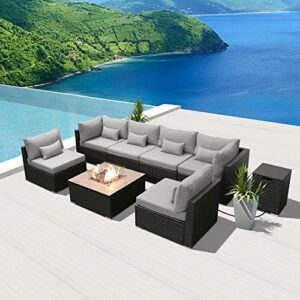 Sunpeak Fire Table Set Sectional Outdoor Furniture Propane Firepit Dark Brown Rattan Multi Colors Outdoor Sofa Set (a Light Gray Square Table)