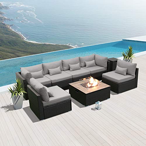 Sunpeak Fire Table Set Sectional Outdoor Furniture Propane Firepit Dark Brown Rattan Multi Colors Outdoor Sofa Set (a Light Gray Square Table)