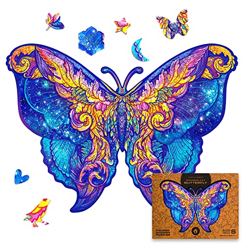 UNIDRAGON Original Wooden Jigsaw Puzzles - Intergalaxy Butterfly, 108 pcs, Small 9"x6.7", Beautiful Gift Package, Unique Shape Best Gift for Adults and Kids