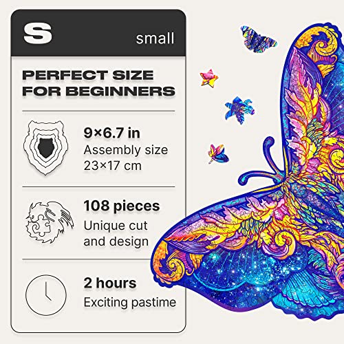 UNIDRAGON Original Wooden Jigsaw Puzzles - Intergalaxy Butterfly, 108 pcs, Small 9"x6.7", Beautiful Gift Package, Unique Shape Best Gift for Adults and Kids