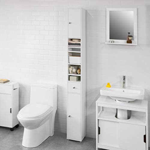 Haotian BZR34-W, White Tall Bathroom Storage Cabinet with 1 Drawer, 2 Doors and Adjustable Shelves, Bathroom Shelf, 7.87 x 7.87 x 70.87 Bathroom Tall Cabinet Cupboard