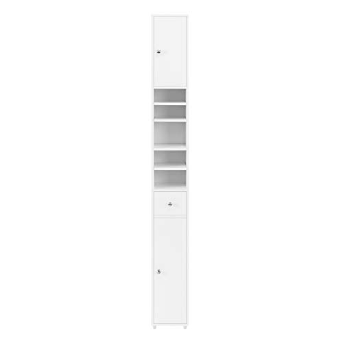 Haotian BZR34-W, White Tall Bathroom Storage Cabinet with 1 Drawer, 2 Doors and Adjustable Shelves, Bathroom Shelf, 7.87 x 7.87 x 70.87 Bathroom Tall Cabinet Cupboard