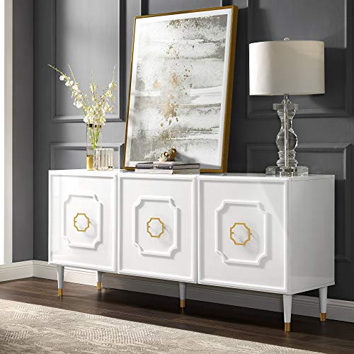 Inspired Home Sideboard - White | Design: Belen | 3 Doors | Brushed Finish Gold Handle and Leg Tip