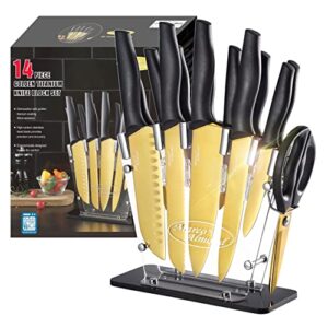 marco almond® kya23 golden titanium knife set, kitchen cutlery knives set with acrylic stand, knife set for kitchen with block, for home & pro use, best gift, 14 pieces, black