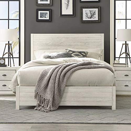 Rustic Platform Bed Frame with Headboard Offers Classic Style and Contemporary Function. Solid Wood Queen Size Panel in Distressed Off White Creates Timeless Feel | Farmhouse Decor Bedroom Furniture