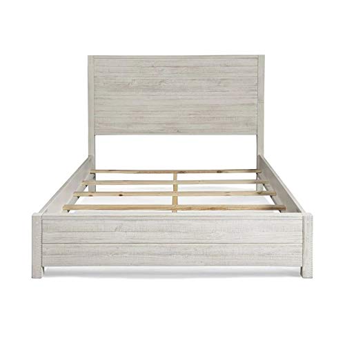 Rustic Platform Bed Frame with Headboard Offers Classic Style and Contemporary Function. Solid Wood Queen Size Panel in Distressed Off White Creates Timeless Feel | Farmhouse Decor Bedroom Furniture