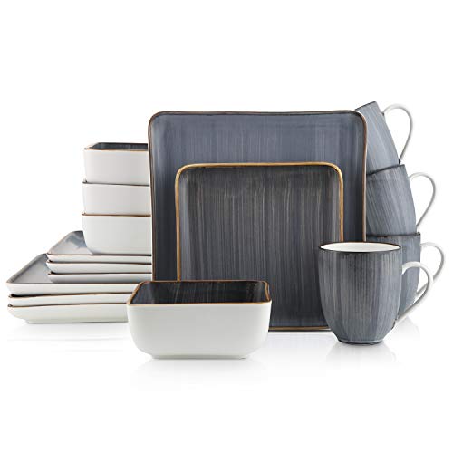 Stone + Lain Esmeralda Porcelain Dinnerware Set, Service for 4, 16 Pieces Square Grey Brushed Design