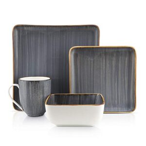 Stone + Lain Esmeralda Porcelain Dinnerware Set, Service for 4, 16 Pieces Square Grey Brushed Design